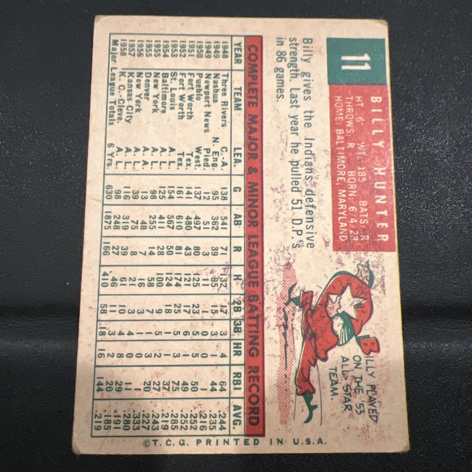 1959 Topps Baseball Card #11 Billy Hunter - Low To Mid Grade - G/VG! | eBay