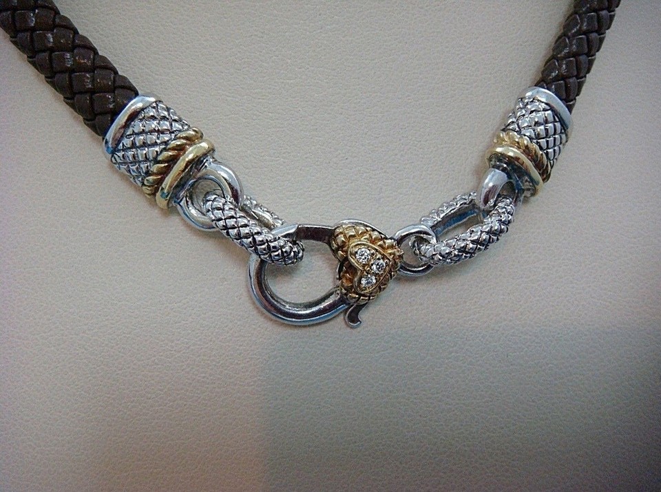 Judith Ripka JR Two Sterling Silver 18K Gold Diamond Brown Leather ...