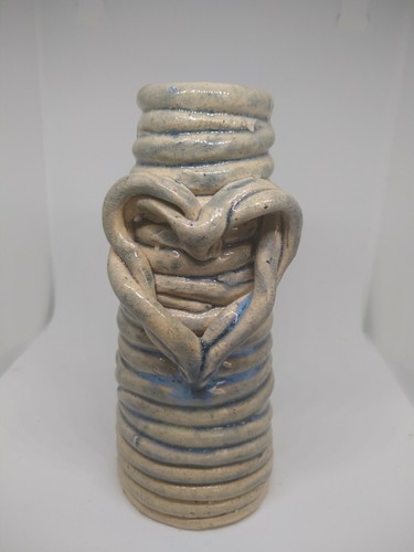 Vintage Studio Art Coil Rope Pottery Vase with Heart-Green/Blue Glaze ...