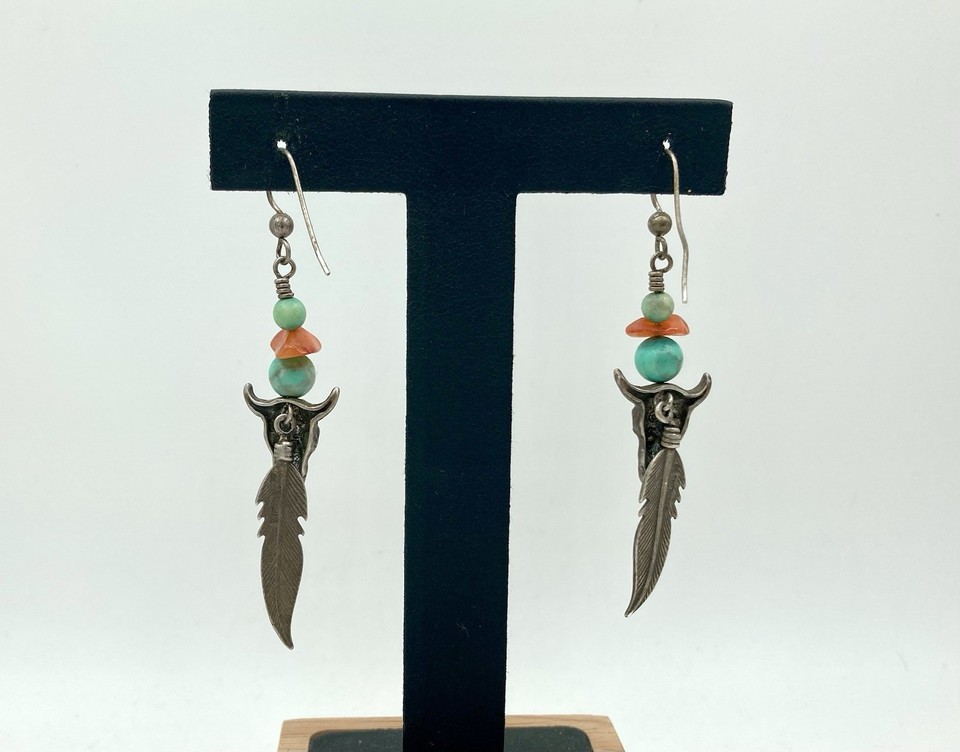 Sterling Silver 925 & Chip Bead Earrings Southwest -Dangling Cow Skull ...
