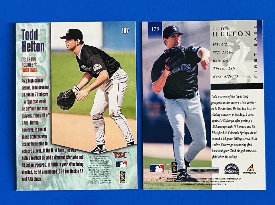 (2) 1997 Pinnacle & Stadium Club Todd Helton Baseball Rookie Cards #173 ...