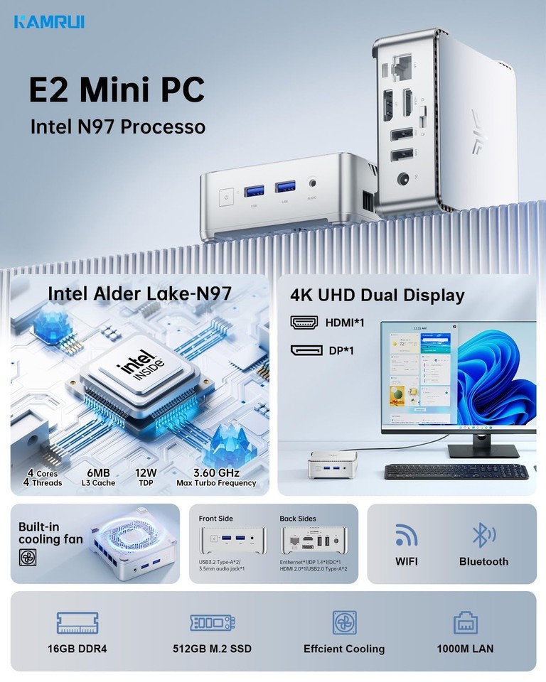 ACEMAGIC E2 Mini PC S1 Intel N97 12th Gen Processor 16GB RAM 512GB SSD ...