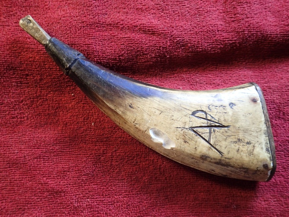 ANTIQUE dated 1872 , SIGNED FLAT HANDMADE BLACK POWDER HORN FLASK ...
