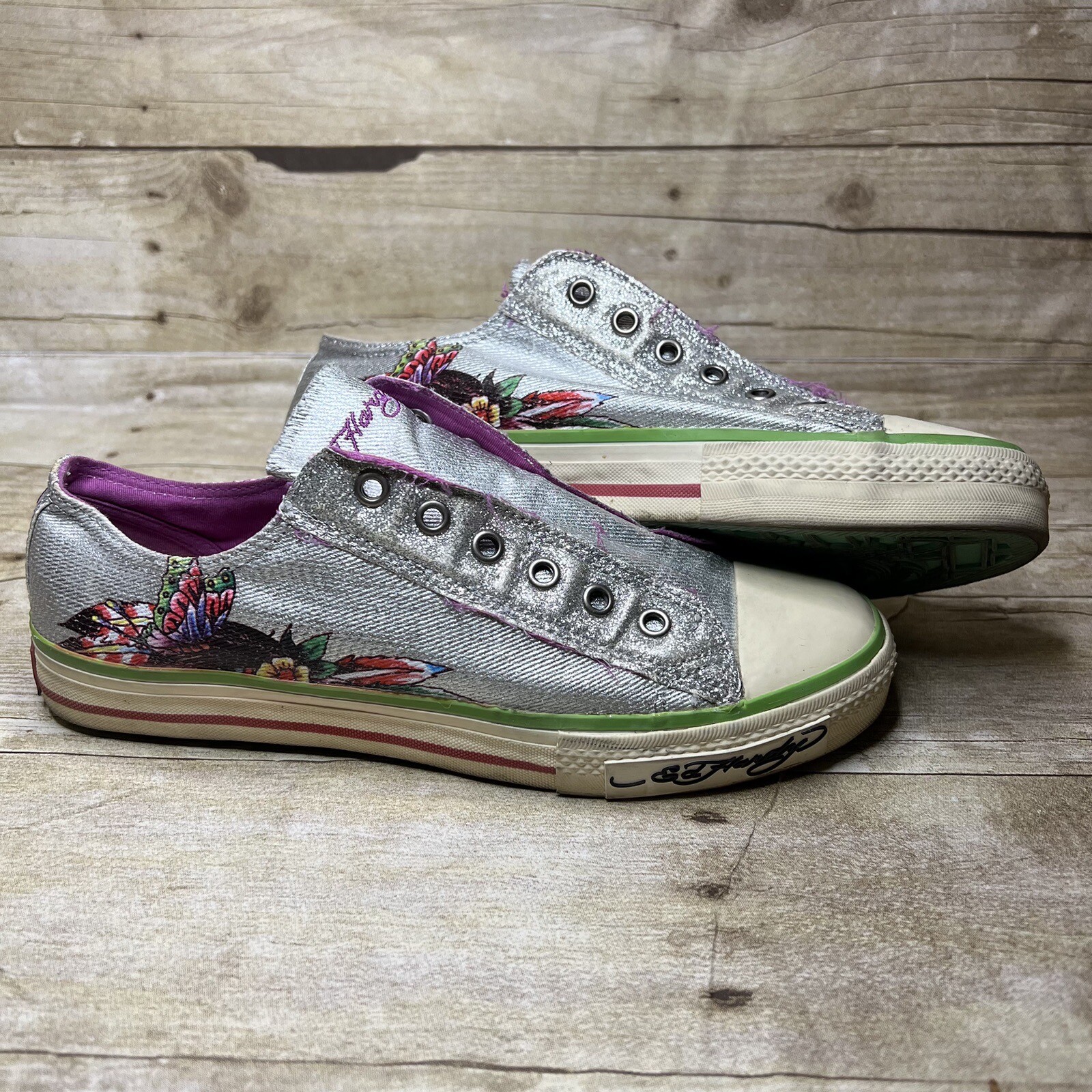 Y2K Ed Hardy Grey Metallic Flowers Butterfly Roses Sn… - Gem