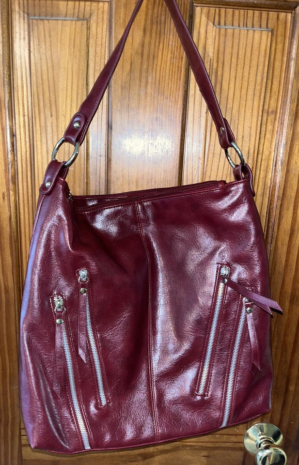 GAL Burgundy Faux Leather Shoulder Bag Purse Zip Pockets - 3 Inside ...