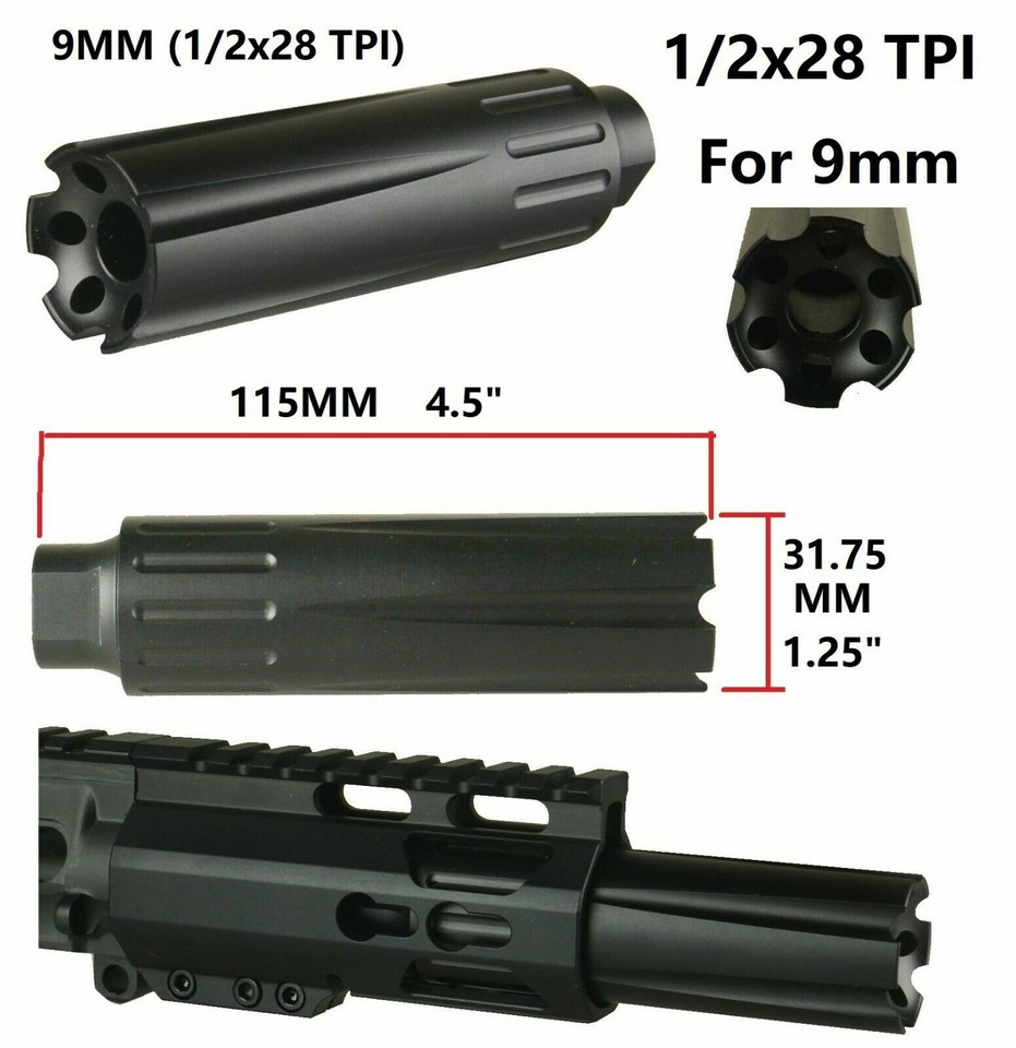 Low Concussion Muzzle Brake Compensator 4.5" Extra Long 1/2x28 TPI 9mm ...