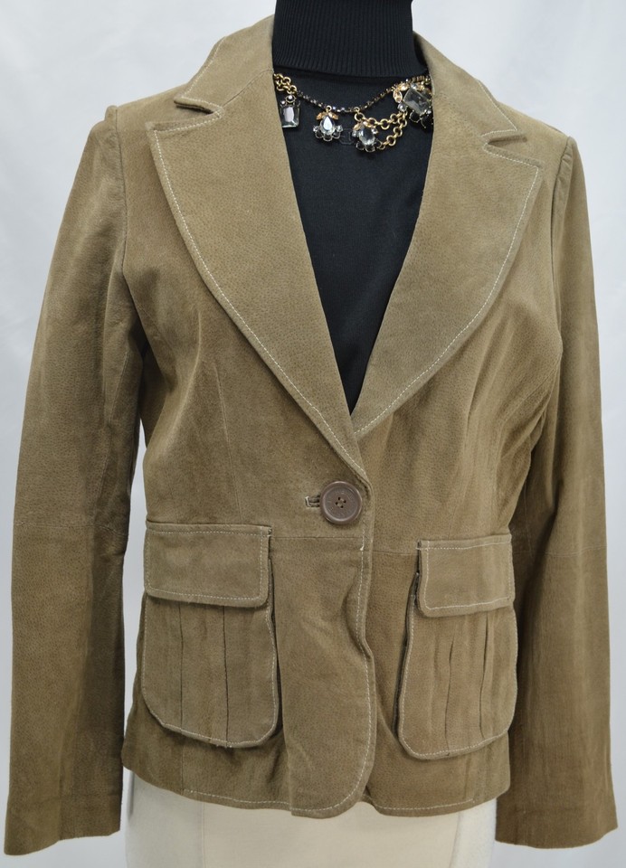 Marcelle Renee tan Suede LEATHER jacket Blazer light button coat Womens ...
