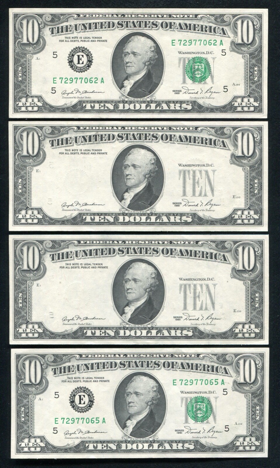 (4) CONSECUTIVE 1981 $10 FRN’S “OVERPRINT ON BACK ERRORS” GEM ...