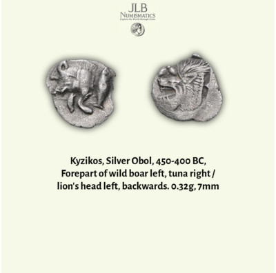 Ancient Greek, Kyzikos, Silver Obol, 450-400 BC, Wild Boar, Tuna / Lion ...