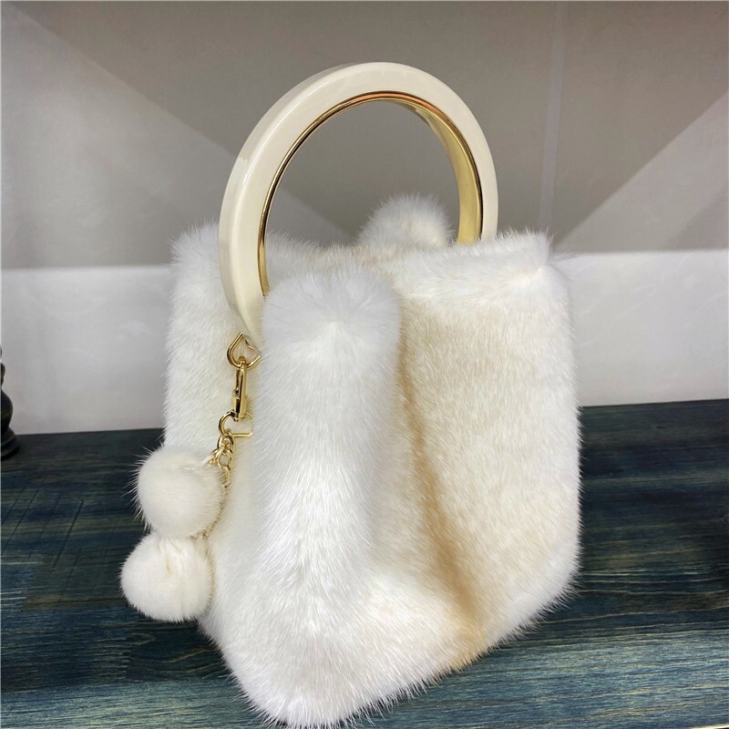 Womens Luxury Real Mink Fur Handbag Bucket Bag Purse Party Bag Tote ...