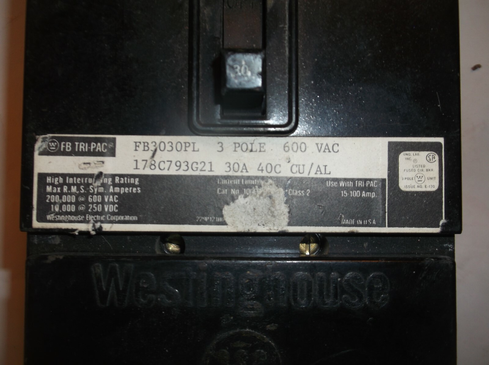 Westinghouse Type FB Tri-pac 30a Circuit Breaker 3 Pole Model FB3030PL ...