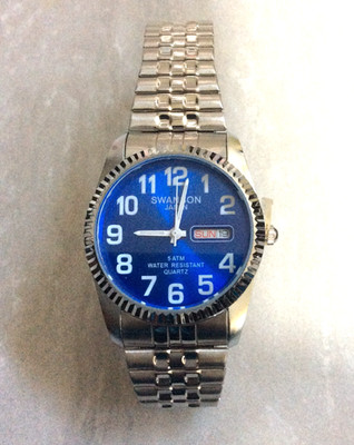 SWANSON Men's Watch Round Blue Date Dial White Number Hours Silver ...