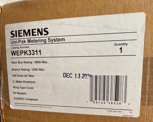 NEW Siemens WEPK3311 NEW MODEL Uni-PAK 3 Three MeterGang 300-Amp Ring ...