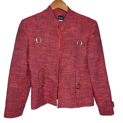 Cara Lotti Woven Open Blazer Jacket Size 38 Red Buckle Strap Detail ...
