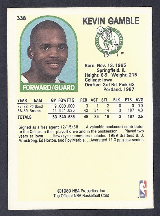 Kevin Gamble 1989-90 NBA Hoops #338 RC Boston Celtics | eBay