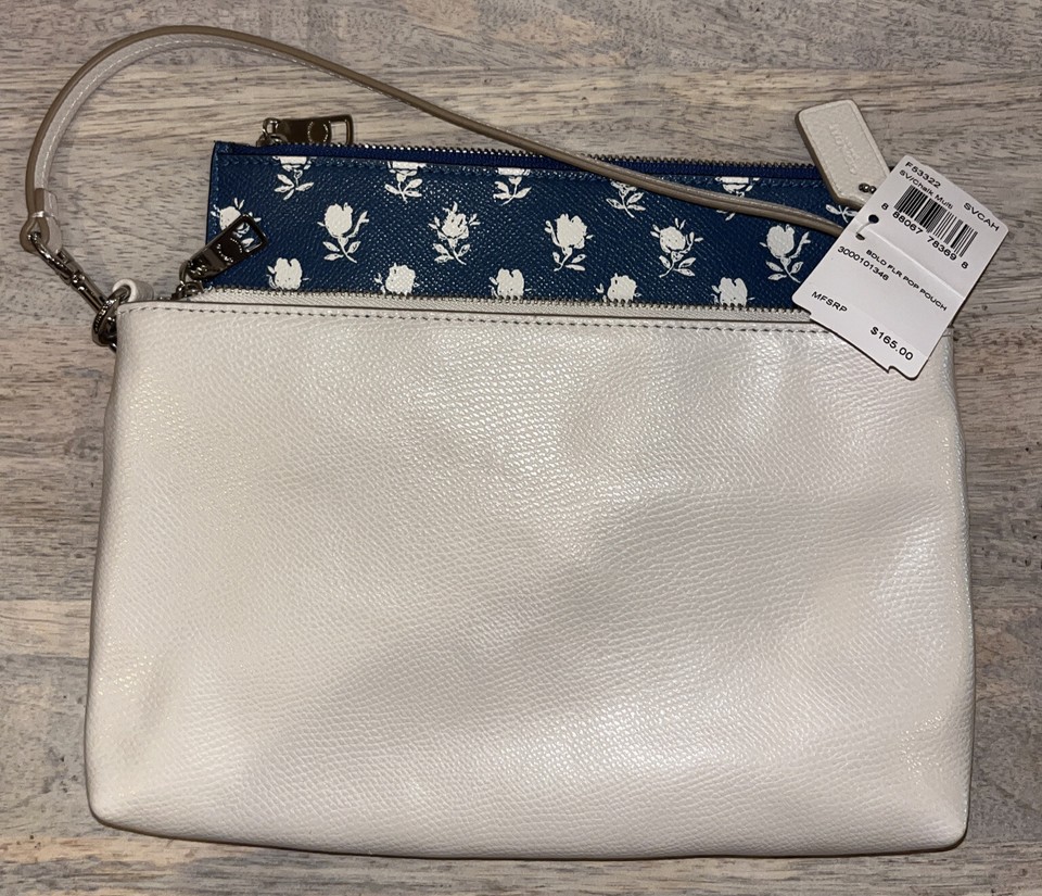 NWT COACH 2 in 1 LEATHER IVORY BLUE FLORAL POP POUCH WRISTLET PURSE SET ...