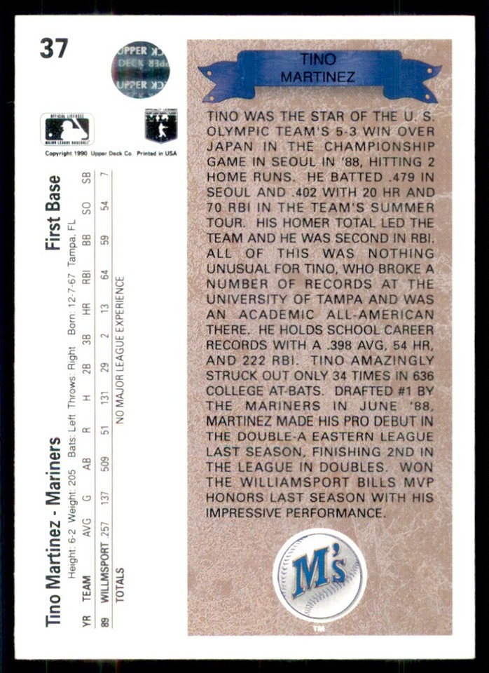 1990 Upper Deck Tino Martinez Seattle Mariners #37 | eBay