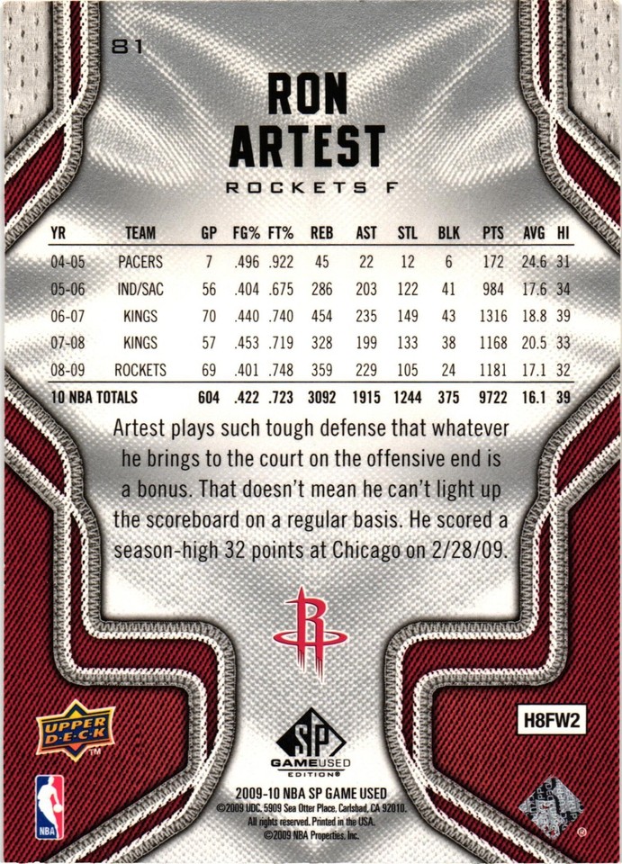 2009-10 SP Game Used Houston Rockets Basketball Card #81 Ron Artest | eBay