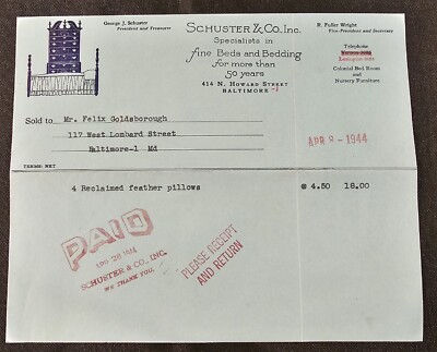 1944 Schuster & Co Fine Beds & Bedding Illustrated Billhead Receipt ...