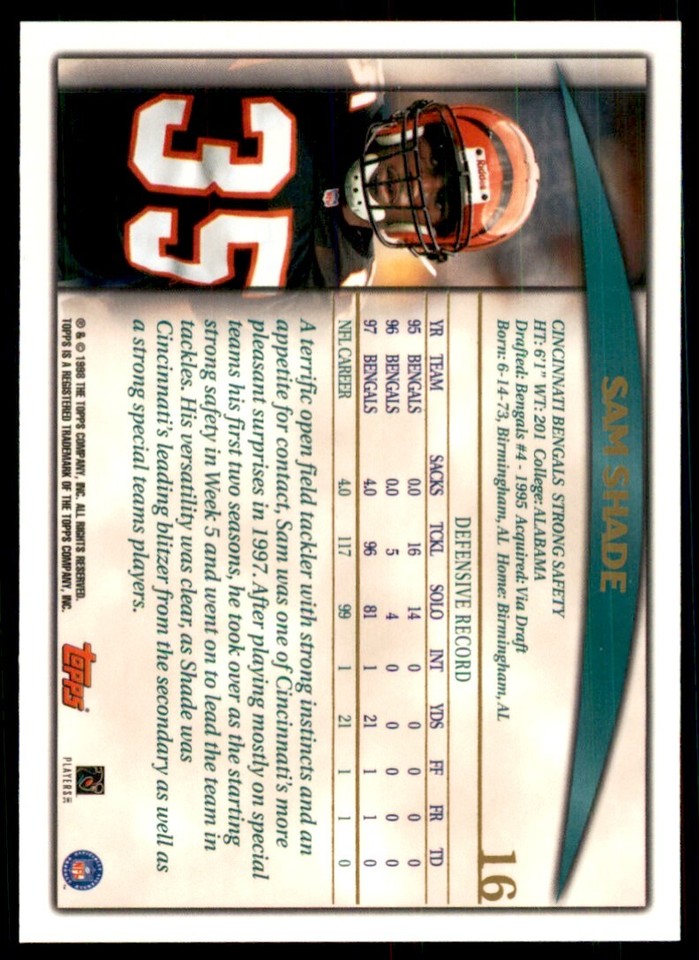 1998 TOPPS SAM SHADE CINCINNATI BENGALS #16 | eBay