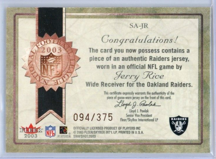 2003 Fleer Seal Of Approval Snapshot Jerry Rice Jersey Card 58/375 Game ...