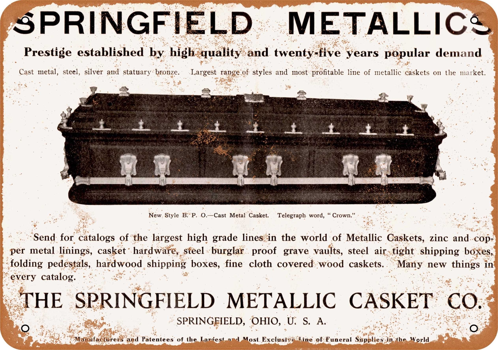 METAL SIGN - 1912 Springfield Metallic Caskets - Vintage Look ...