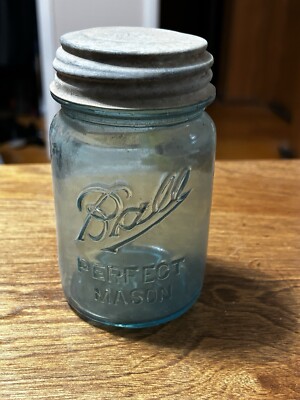 Antique Pint Jar With Zinc Lid Porcelain Cap Ball Perfect Mason Blue ...