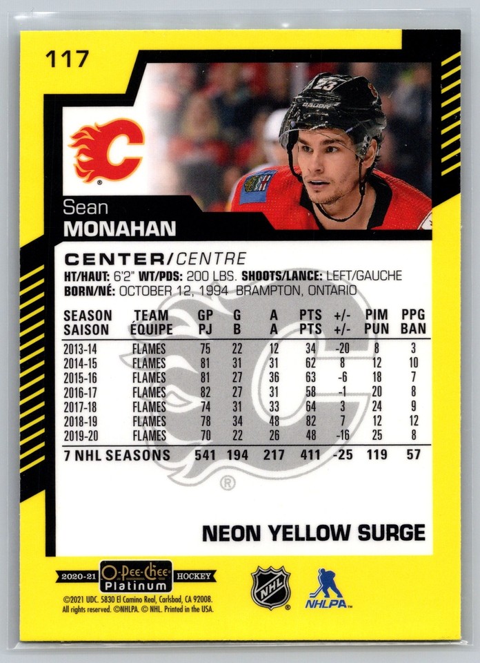 2020 O-Pee-Chee Platinum Sean Monahan Neon Yellow Surge #117 Flames | eBay