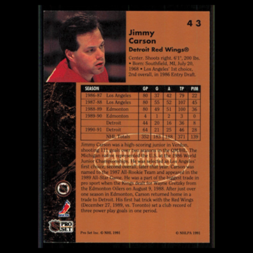 Jimmy Carson #43 1991 Parkhurst Detroit Red Wings Hockey Card NHL NM | eBay