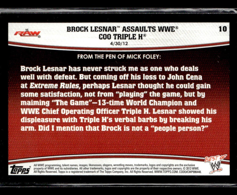 2013 Topps Best of WWE #10 Brock Lesnar Assaults WWE COO Triple H card ...