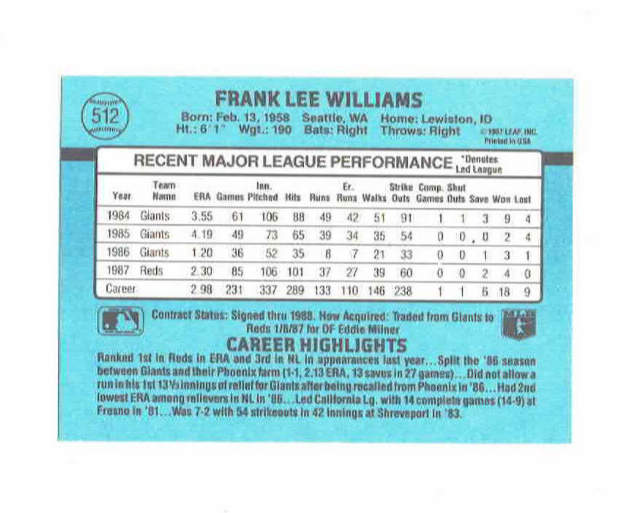 Frank Williams Reds Pitcher #512 Donruss 1988 Baseball Card | eBay