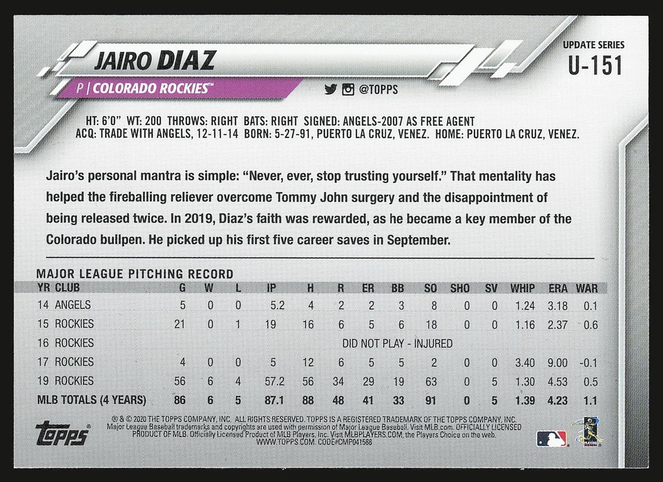 2020 Topps Update #U-151 Jairo Diaz | eBay