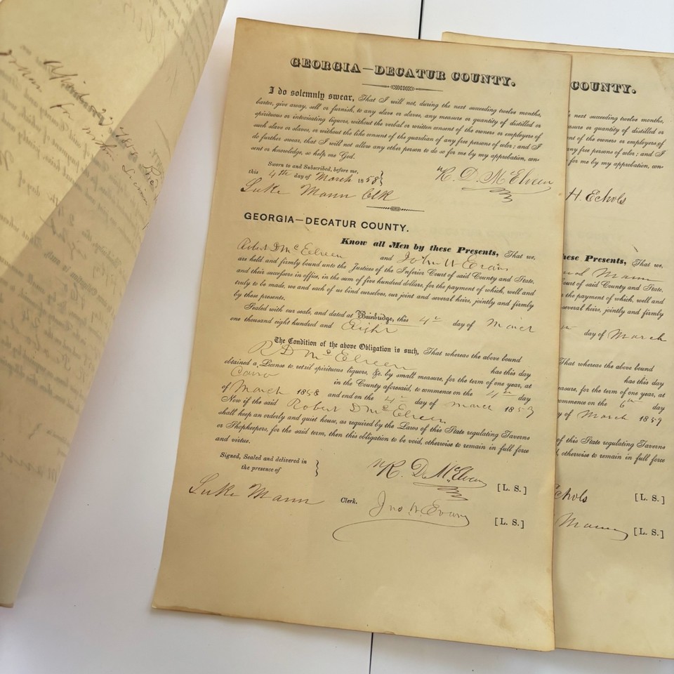 6 x ANTIQUE 1858 1859 Georgia Decatur County Liquor License Pledges | eBay