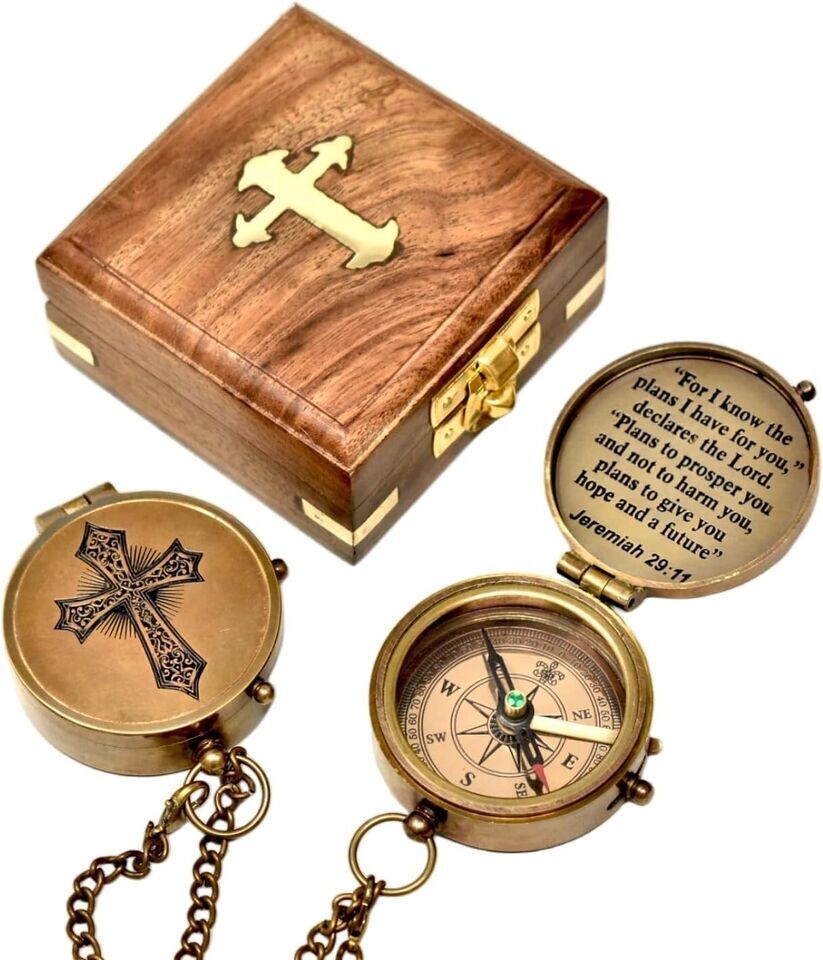 Christian Wooden Cross With Compass Closeup Shot Wooden Tau Cross