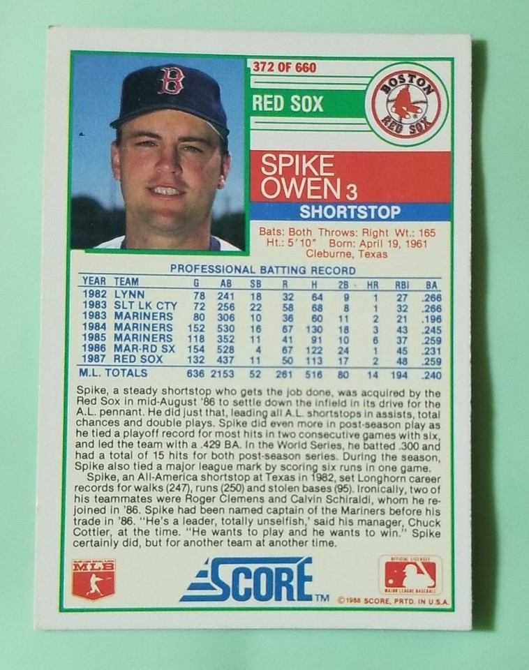 1988 Score MLB Spike Owen #372 - Boston Red Sox | eBay