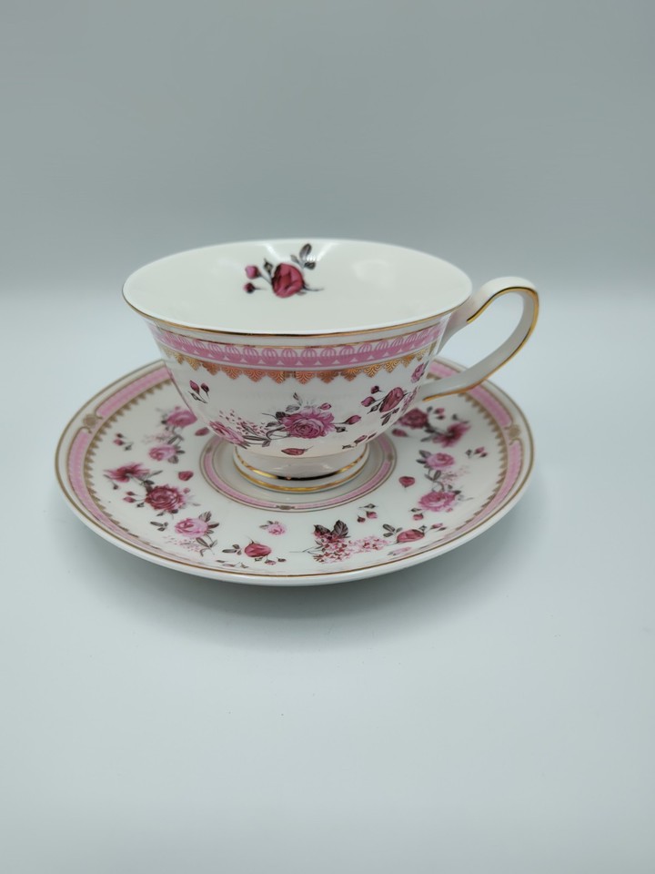 Lovely Grace's Teaware Porcelain Pink And White Rose Teacup And Lattice ...