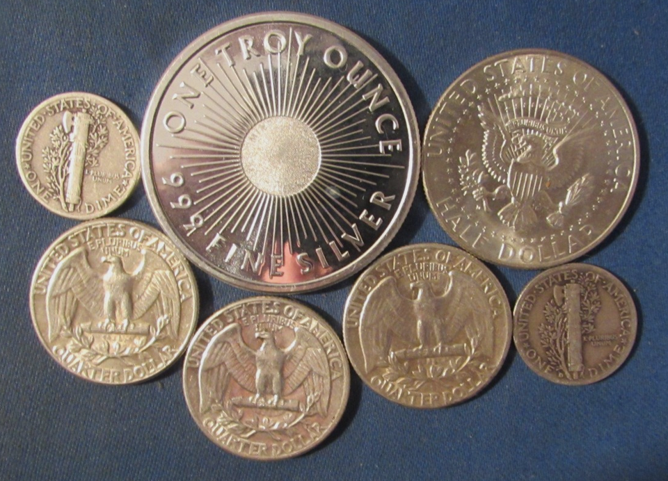 LOT 6 US SILVER COINS & 1 OZ 999 SILVER SUNSHINE EAGLE ROUND 1964 D ...