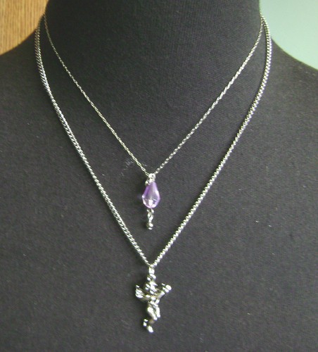VINTAGE SIVER TONE PURPLE BEAD AND 3D ANGEL DOUBLE CHAIN PENDANT ...