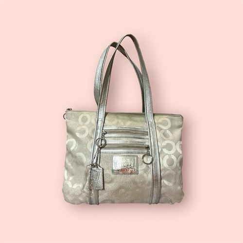 COACH Poppy Signature Silver Jacquard Large Designer Tote Shoulder Bag ...