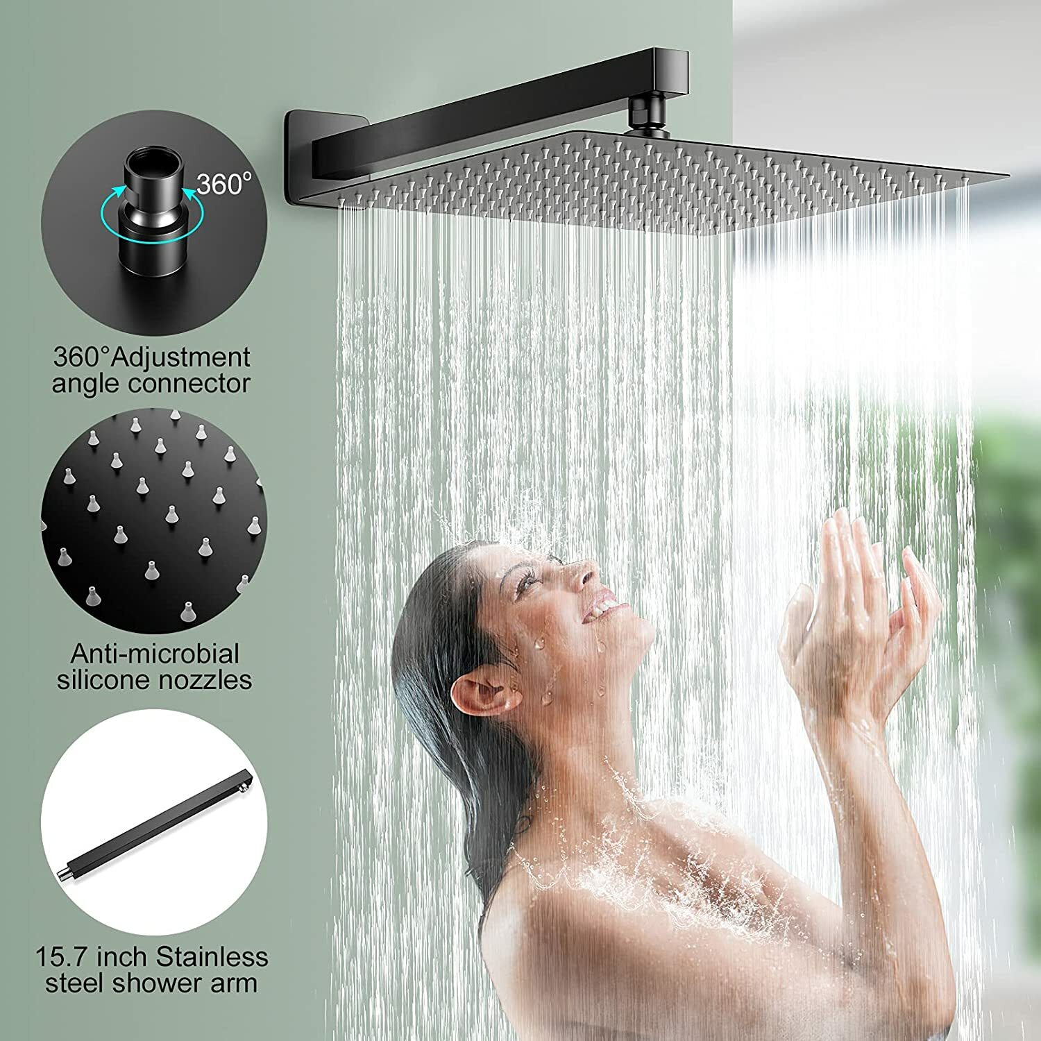 Black Shower Combo Kit Set 16" Rain Shower Head System Wall Mount Mixer ...