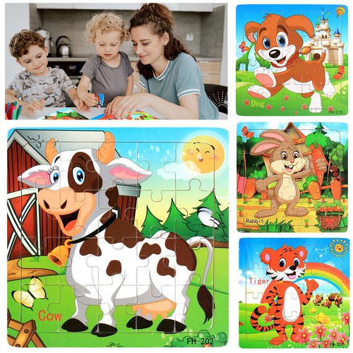 4Pcs Wooden Jigsaw Puzzles Set Kids Cognition Animal Matching Puzzle ...