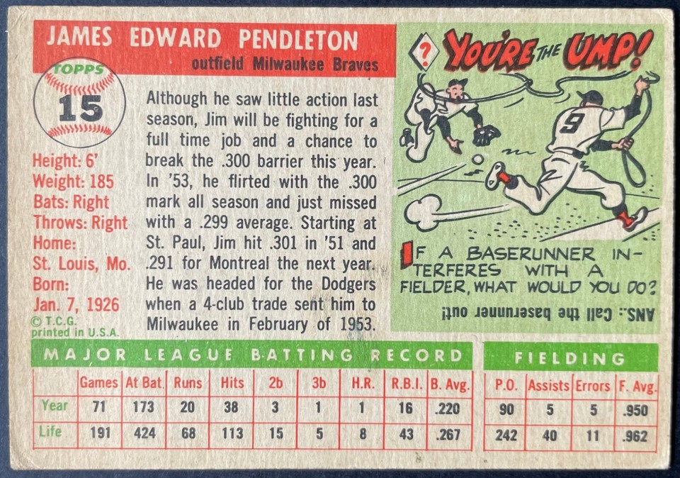 1955 Topps Baseball #15 Jim Pendleton Milwaukee Braves Vintage MLB Card ...
