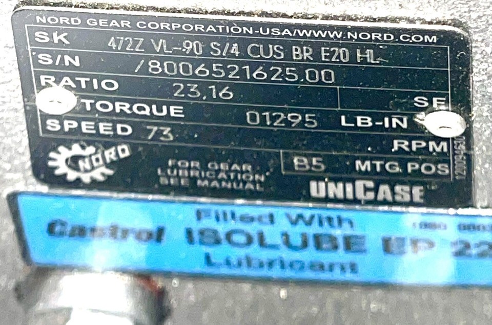 NEW NORD SK 472Z VL-90 S/4 CUS BRE20 HL GEAR MOTOR, 1.5HP, 1660RPM 230 ...