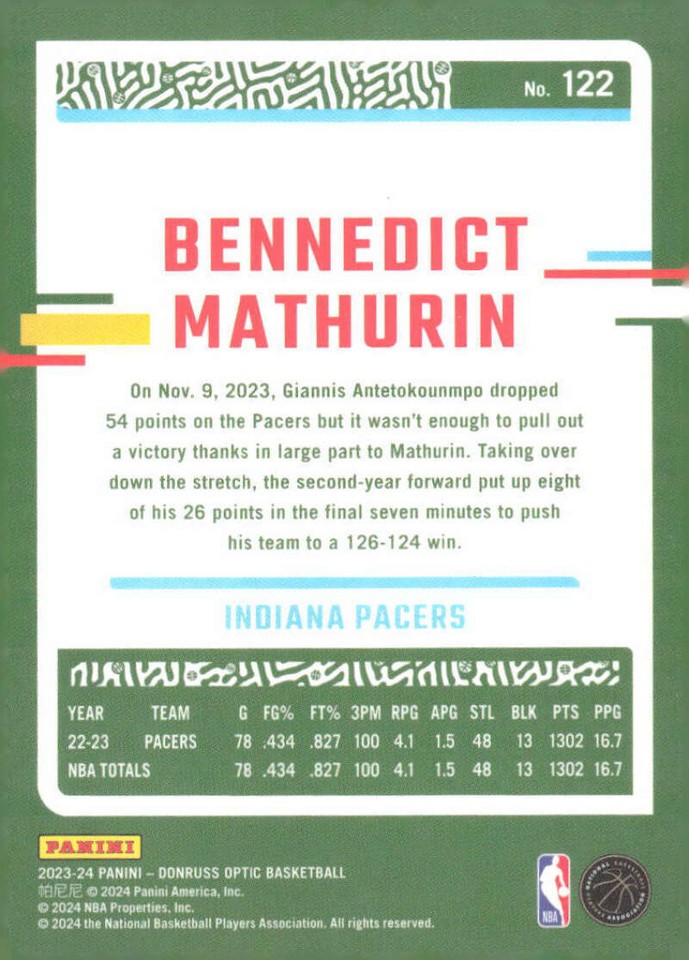 BENNEDICT MATHURIN 2023-24 Donruss Optic Base #122 NBA Pacers ID:107764 ...