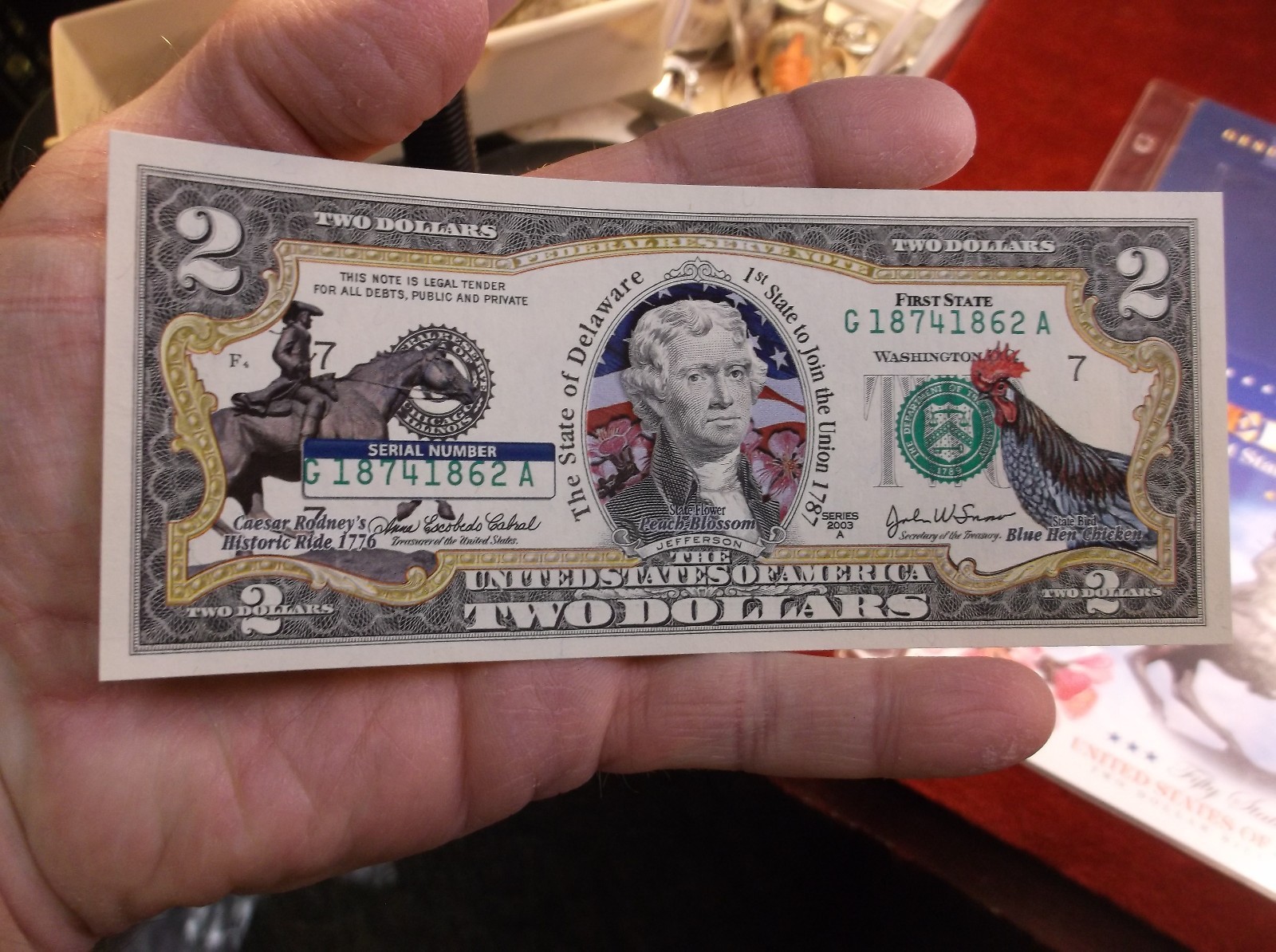 GENUINE COLORIZED TWO DOLLAR BILL $2, STATE OF DELAWARE 1787, 1st TO ...