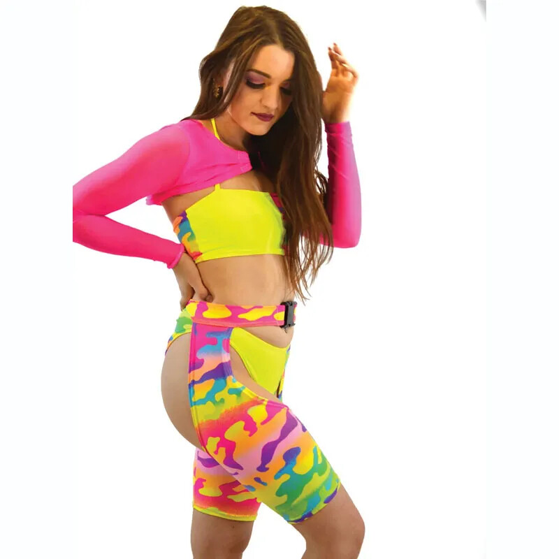 Rainbow Camo Short Rave Chaps Festival, EDC Regular/Plus Size Rolita ...