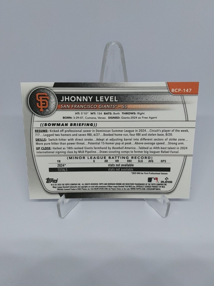2025 Bowman Chrome Prospects Jhonny Level #BCP-147 San Francisco Giants ...
