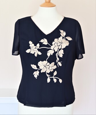 Jacques Vert Navy Crepe Style Blouse Gold Embroidery Pearl Detail To ...