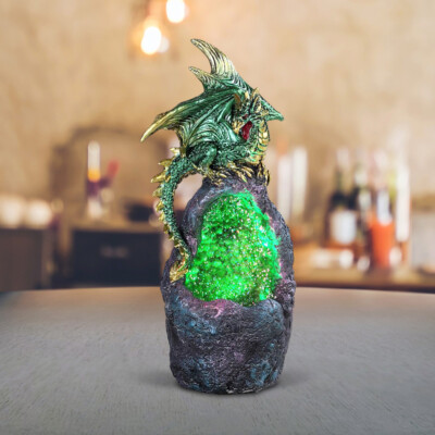 LED Figurine Green Dragon Faux Crystal Stone Statue 6.75"H Fantasy Room ...