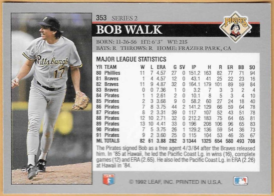 BOB WALK PITTSBURGH PIRATES #353 - LEAF NM-MT 1992 | eBay